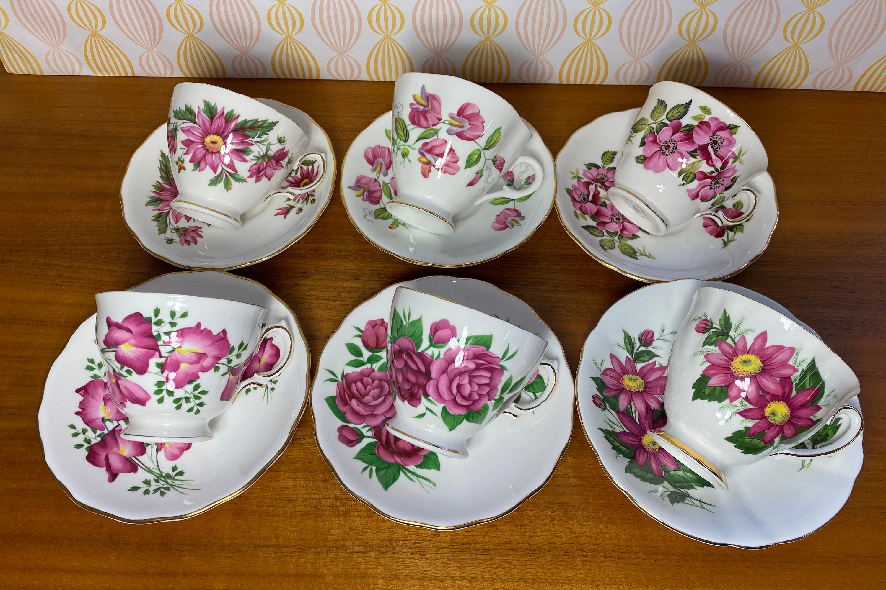Tea Set for Six Pink Floral Tea Cups and Saucers Mismatched | Etsy