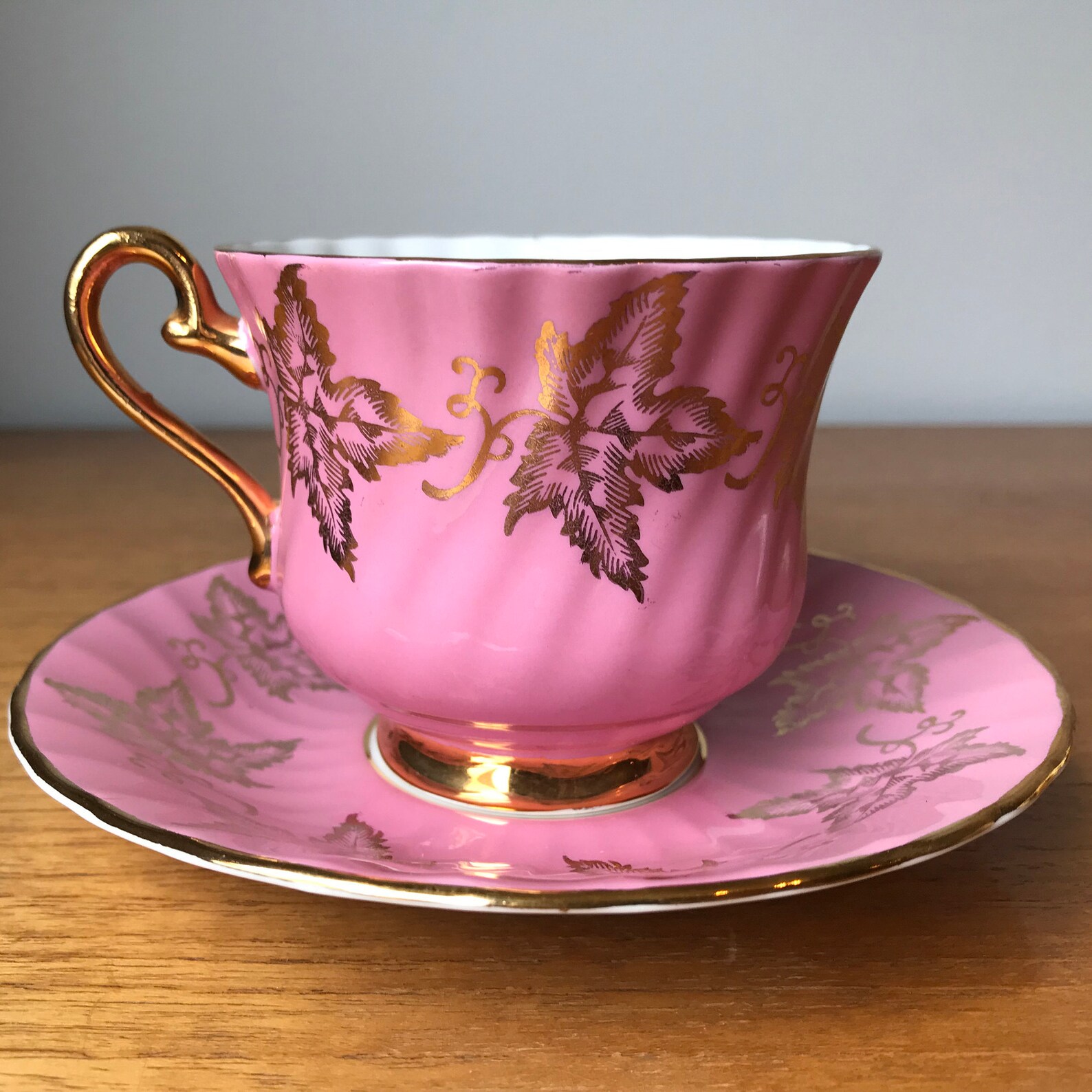 H M Sutherland Tea Cup and Saucer Bright Pink Gold Leaves - Etsy