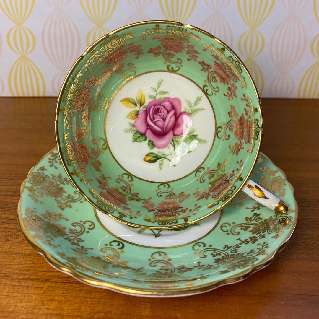 Green and Pink Paragon China Rose Tea Cup and Saucer, Bone China Teacup ...