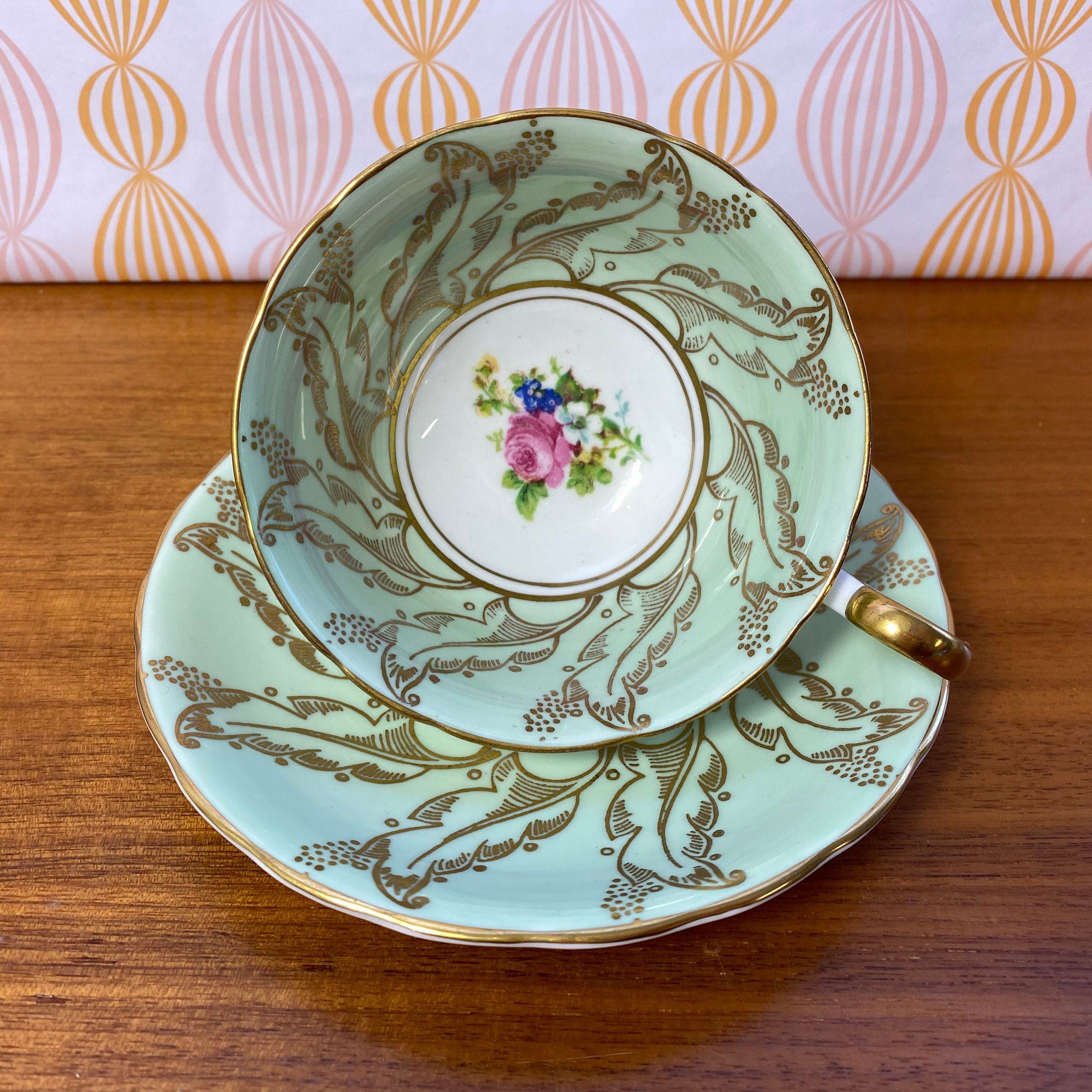 Victoria Bone China Teacup Green & Gold Floral Teacup.Tea Party Teacup ...