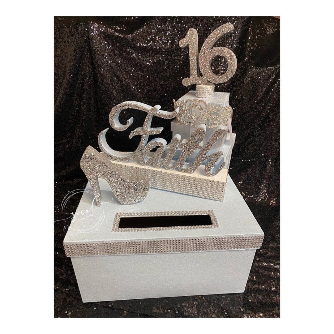 Sweet 16 15 Quince 14" Card Box! GORGEOUS!! Rhinestone Tiara, High Heel ...