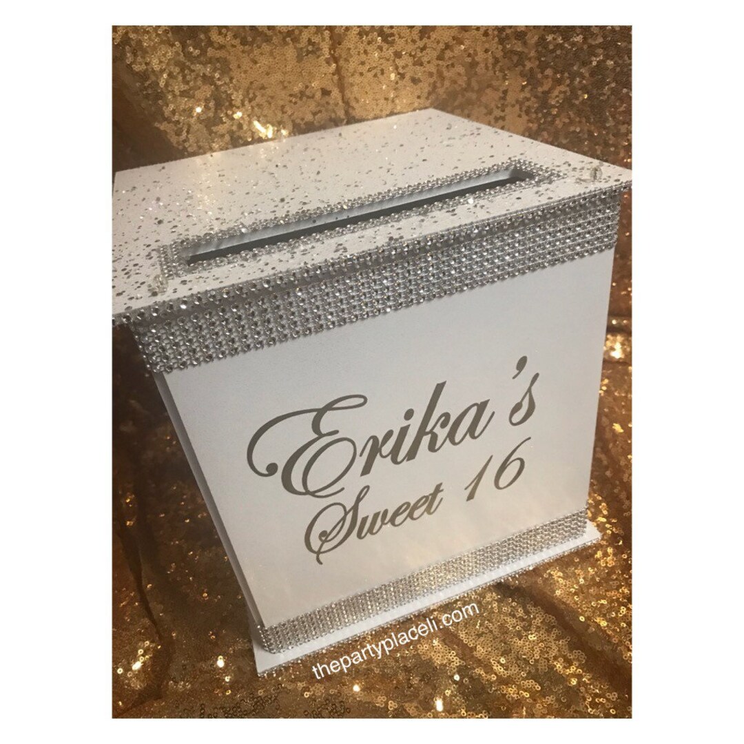 Large White Wedding or Sweet 16 Card Box in Sterling Silver, Rose Gold ...