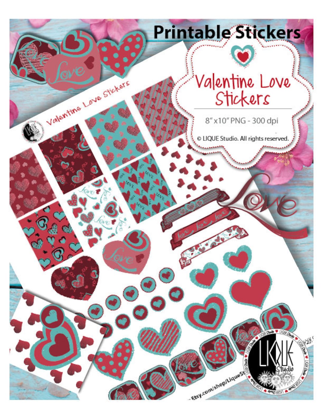 Valentine's Day Heart Stickers: Printable Scrapbook Paper (digital ...