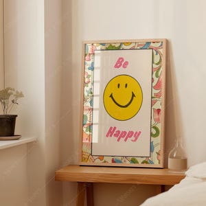 Physical Print | Be Happy Art Print | Retro Poster | Vintage Smiley ...