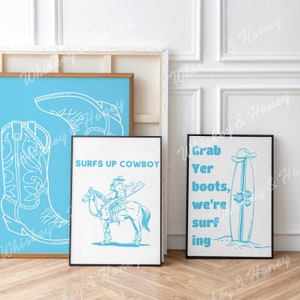 Digital Download | Surfing Cowboy Art Print Pack | 3 Prints | Blue ...