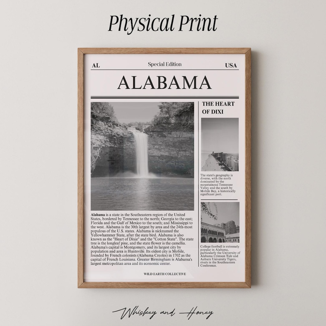 Alabama Art Print | Vintage Newspaper Style, Black and White - Etsy
