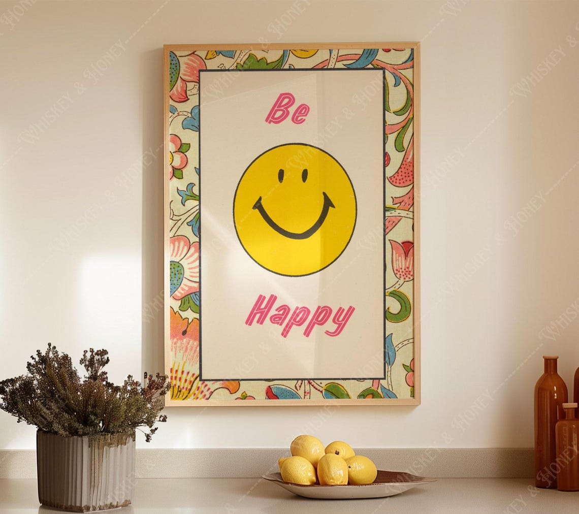 Smiley Face Art Print | Retro Vintage Style, Be Happy Poster - Etsy
