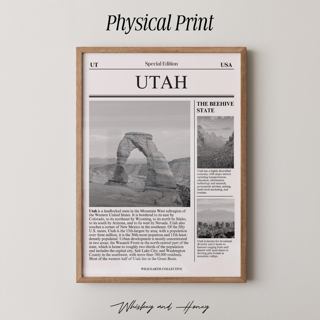 Utah State Art Poster | Newspaper Style, Minimalist Travel Print - Etsy
