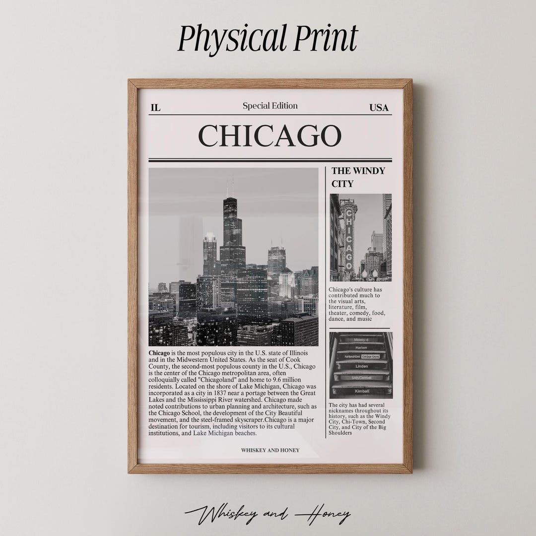 Chicago Newspaper Art Print | Minimalist City Travel Poster - Etsy