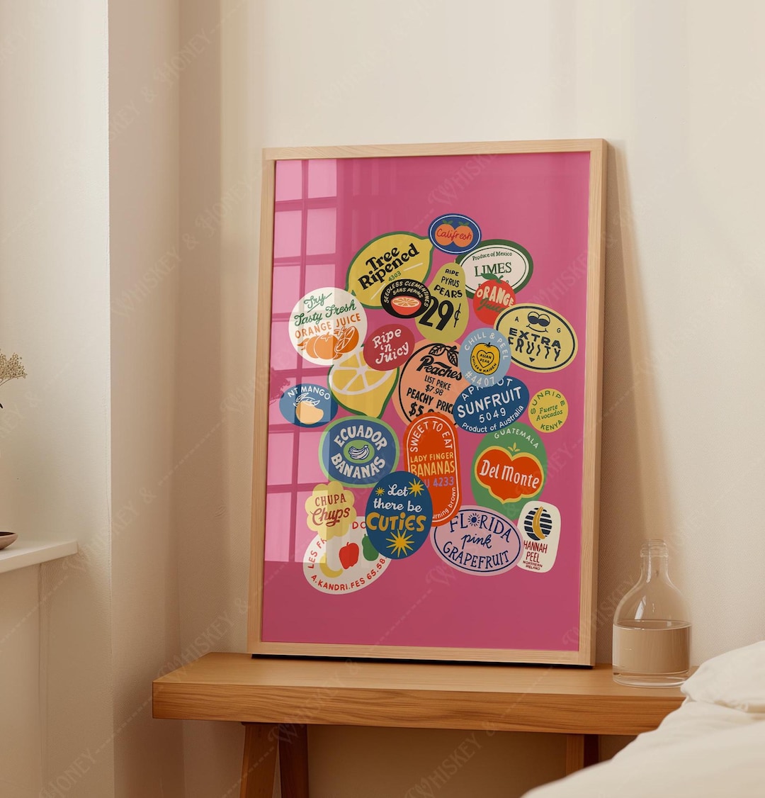 Vintage Fruit Stickers Art Print | Pink Kitchen Decor (digital Download ...