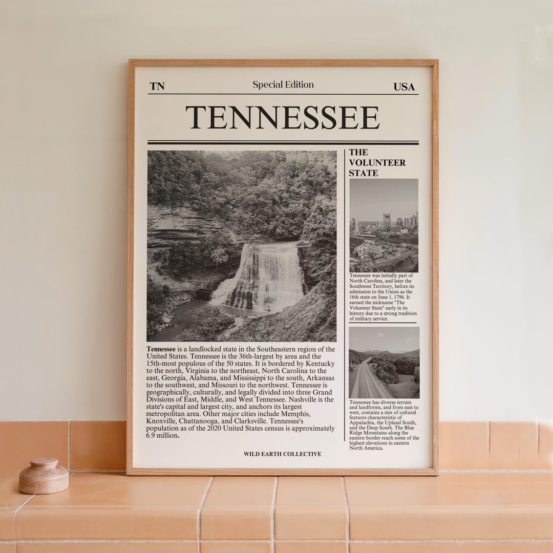 Tennessee Newspaper Art Poster | Black and White Travel Print (digital ...