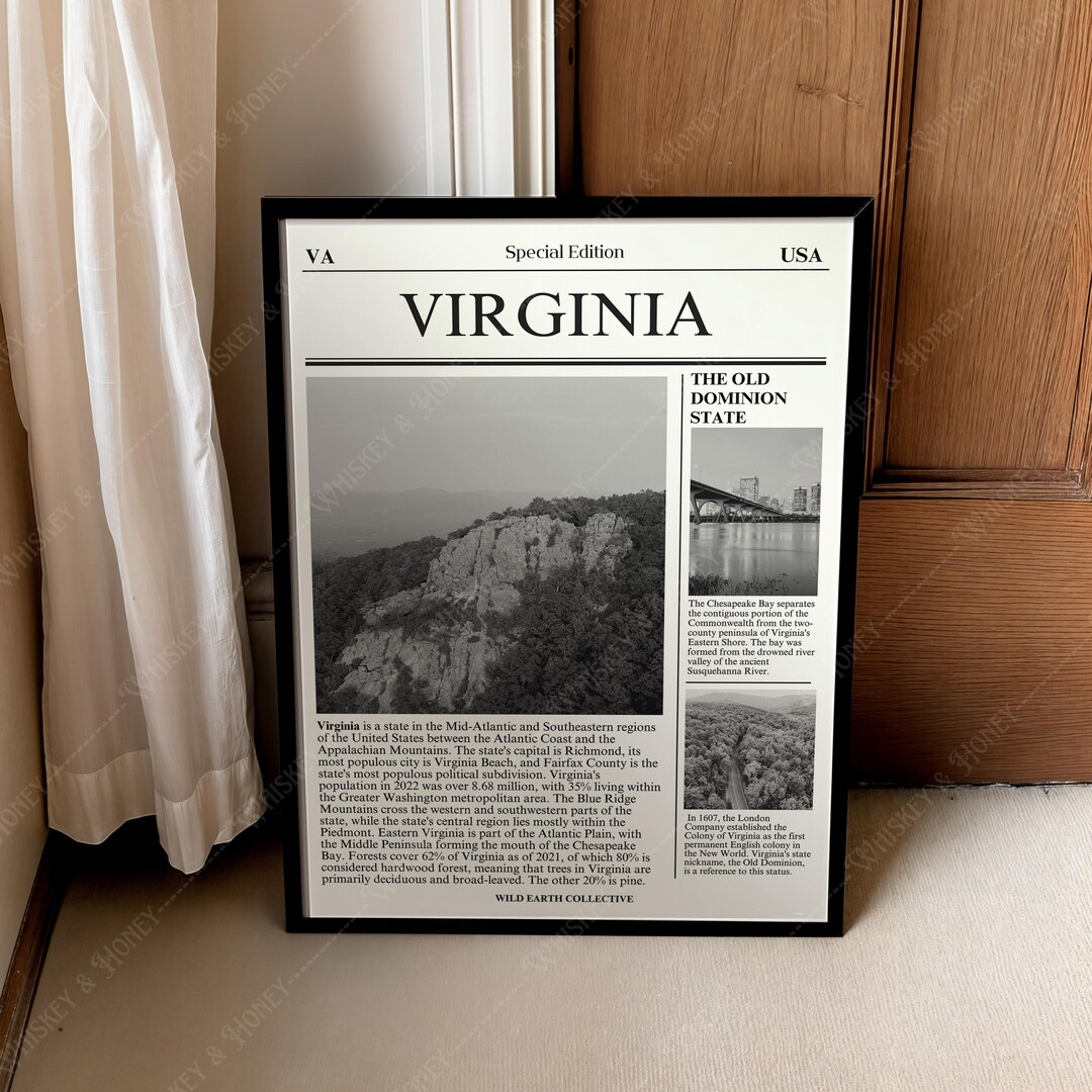 Virginia State Newspaper Art Poster | Black and White Travel Print ...