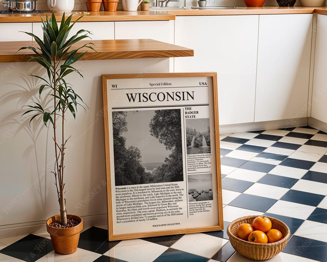 Digital Download | Wisconsin State Art Poster | Newspaper Art | Black ...