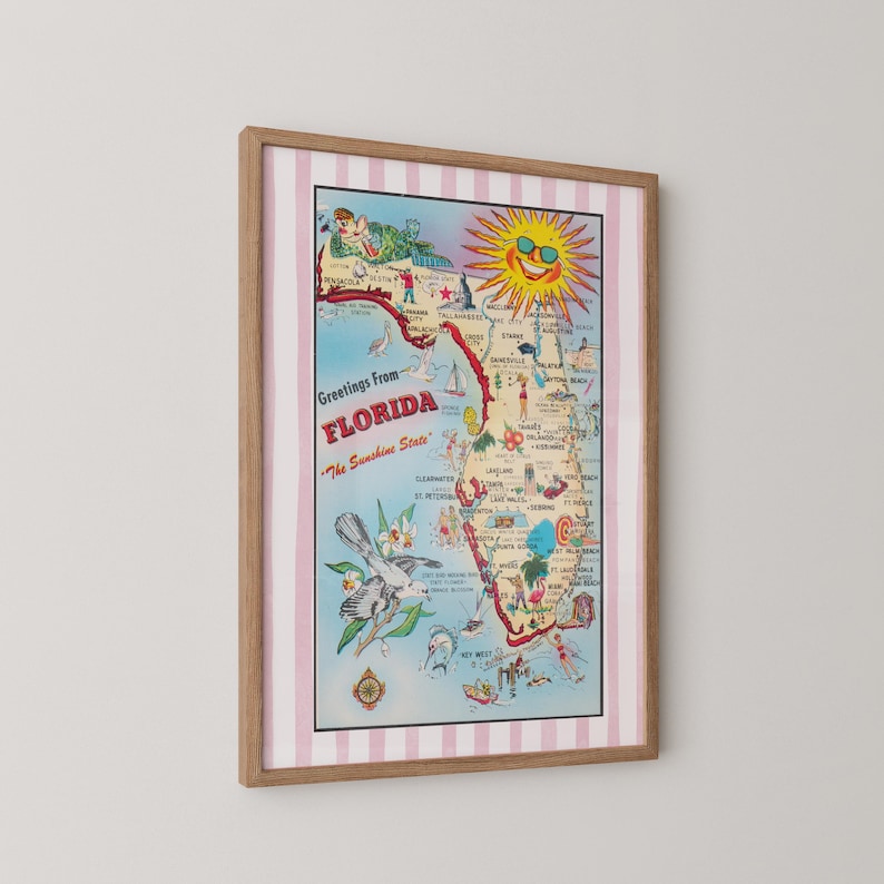Vintage Florida Map Art Print | Retro Travel Poster - Etsy