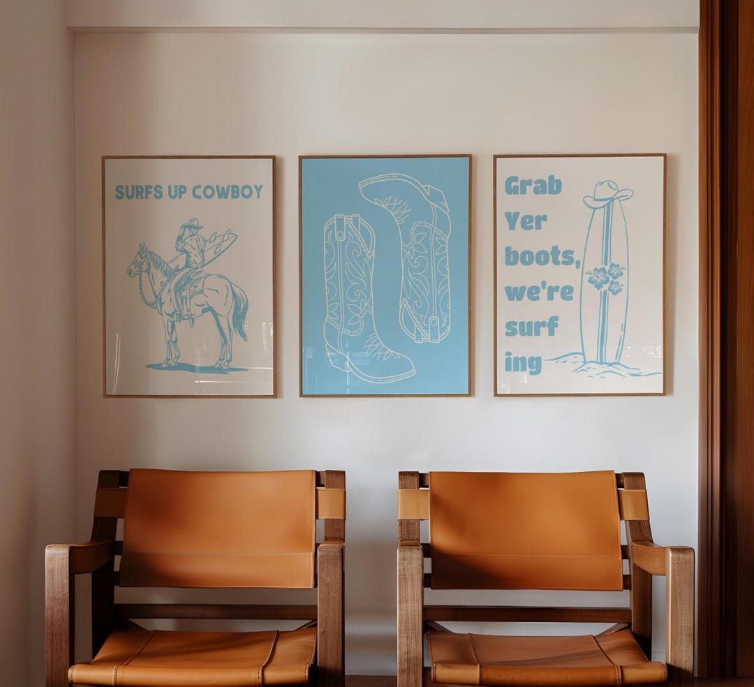 Digital Download | Surfing Cowboy Art Print Pack | 3 Prints | Blue ...