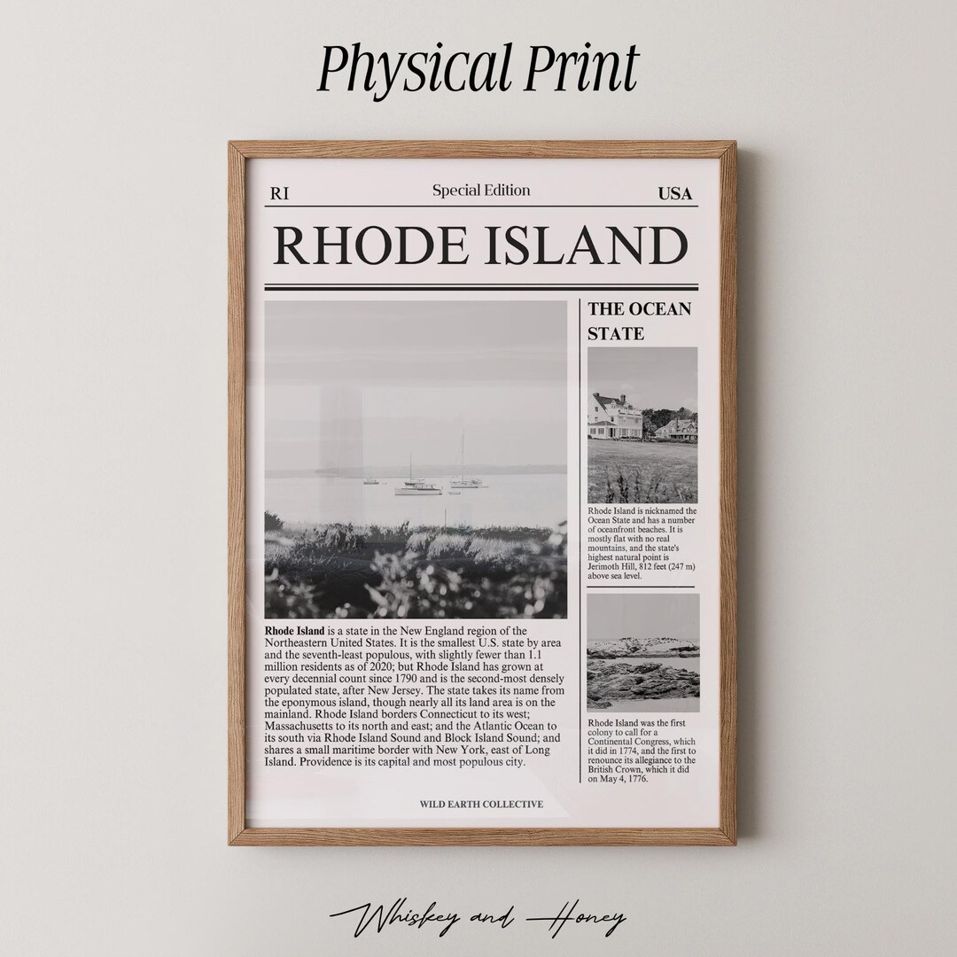 Physical Print | Rhode Island State Art Poster | Newspaper Art | Black ...