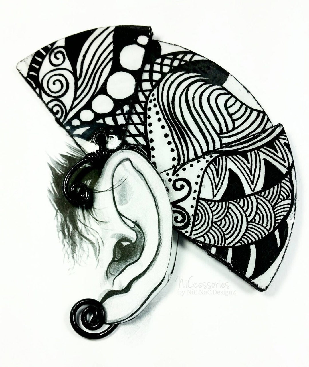 Abstract Art Ear Wing. Black and White Ear Cuff. Zentangle Jewelry ...