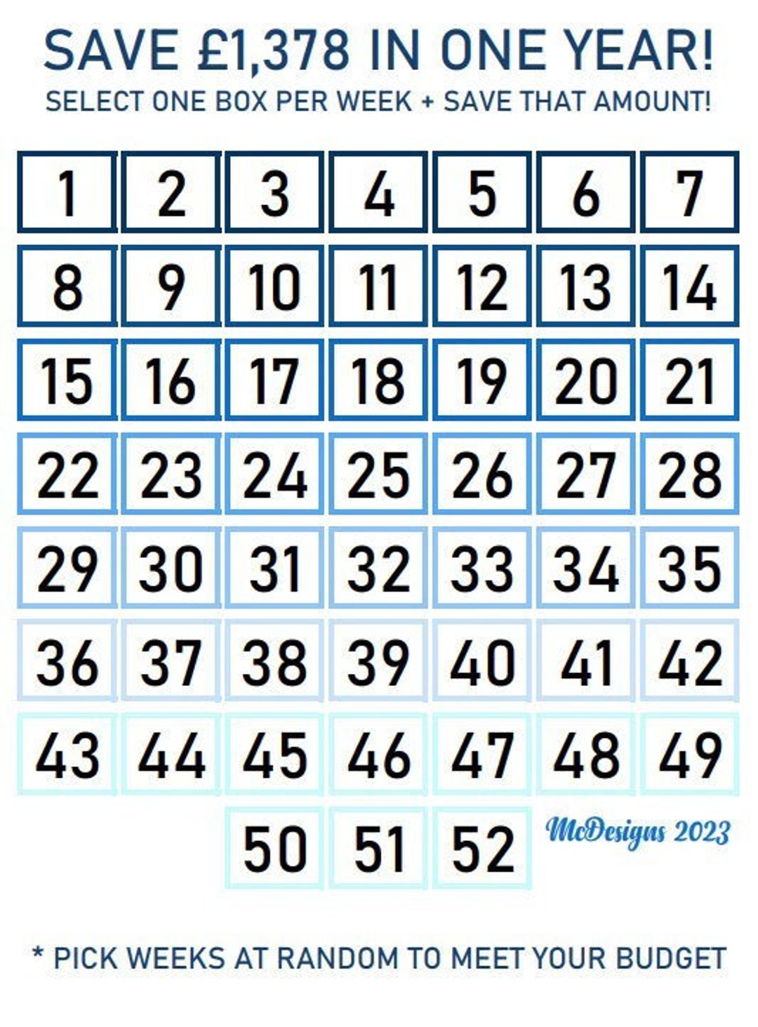 Blue Savings Challenge 52 Weeks – Printable - Etsy