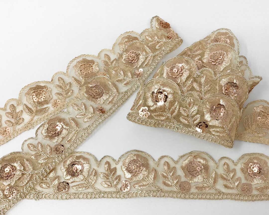 Rose Gold Floral Embroidered Sequin Lace Trim, Embroidered Sequin ...