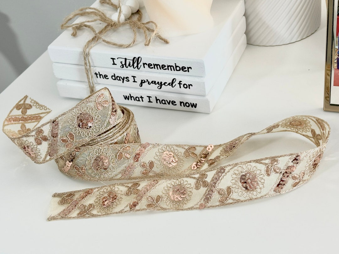 Buy Rose Gold Embroidered Floral Sequin Lace Trim Bridal Sewing Crafts ...