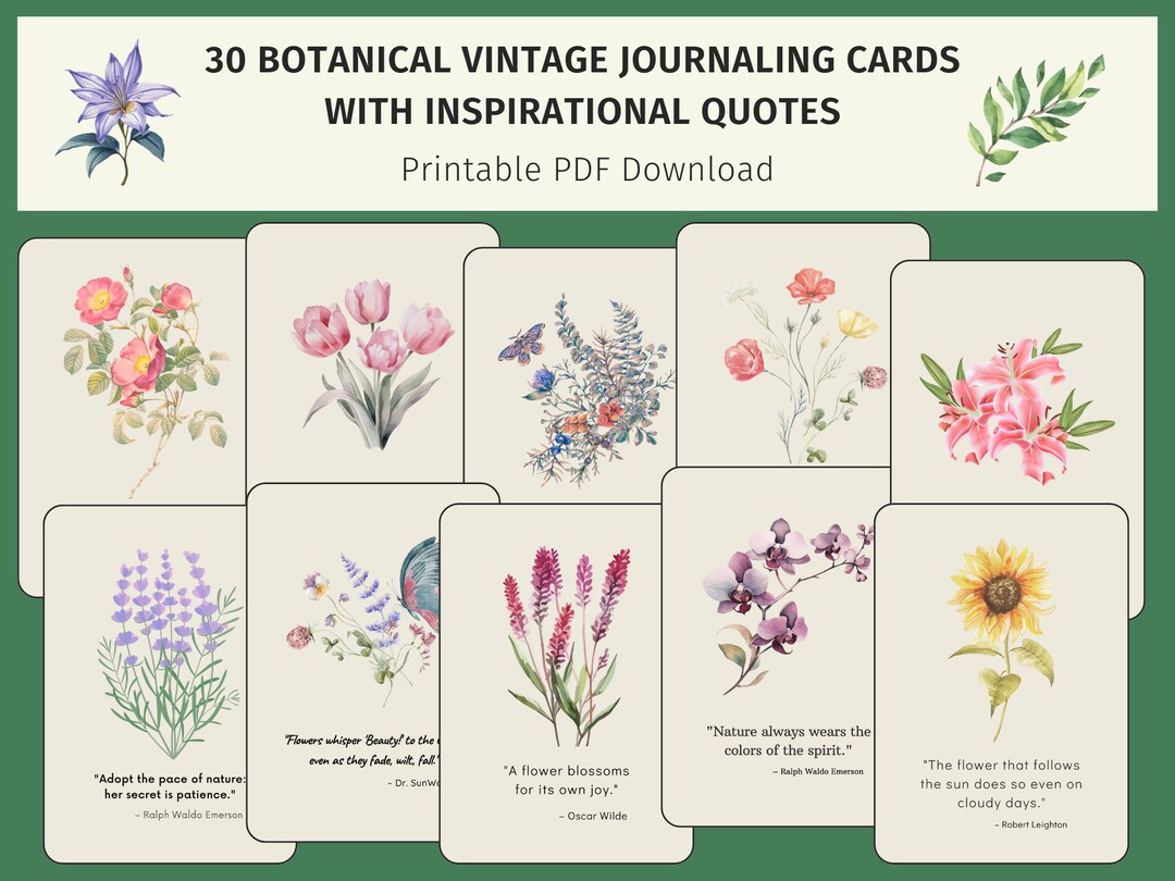 30 Botanical Vintage Journaling Cards With Inspirational Quotes ...