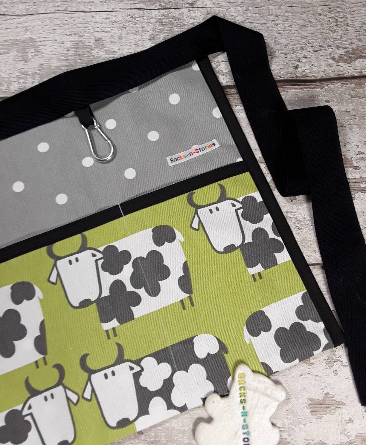 Teacher Apron COWS on lime green and Grey Polka Dot 5 or 3 pocket apron ...