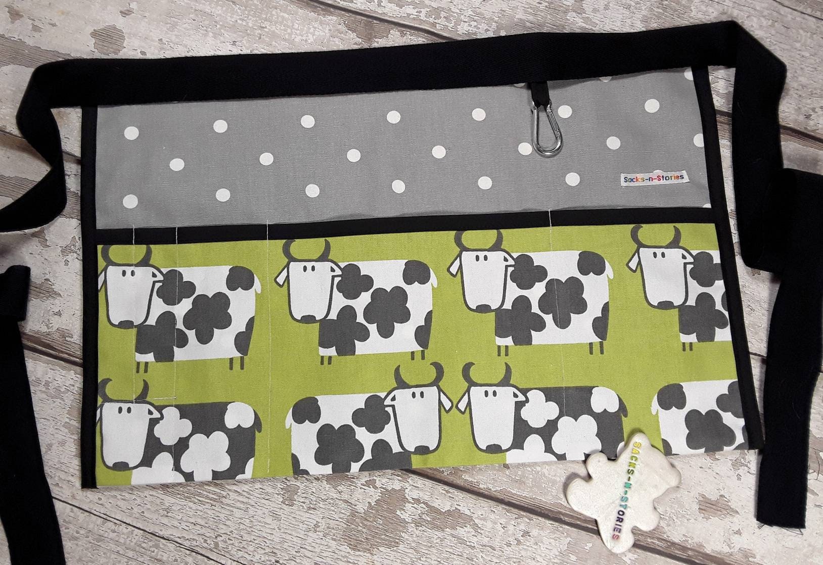 Teacher Apron COWS on lime green and Grey Polka Dot 5 or 3 pocket apron ...