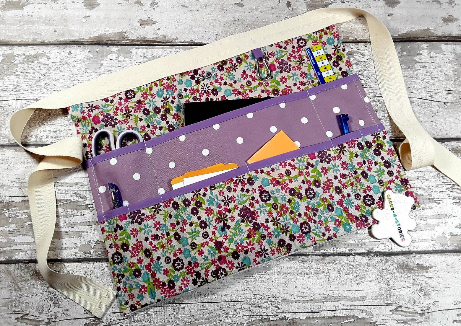 Teacher Apron purple polka dot and floral 9 pockets fits 10 tablet ...