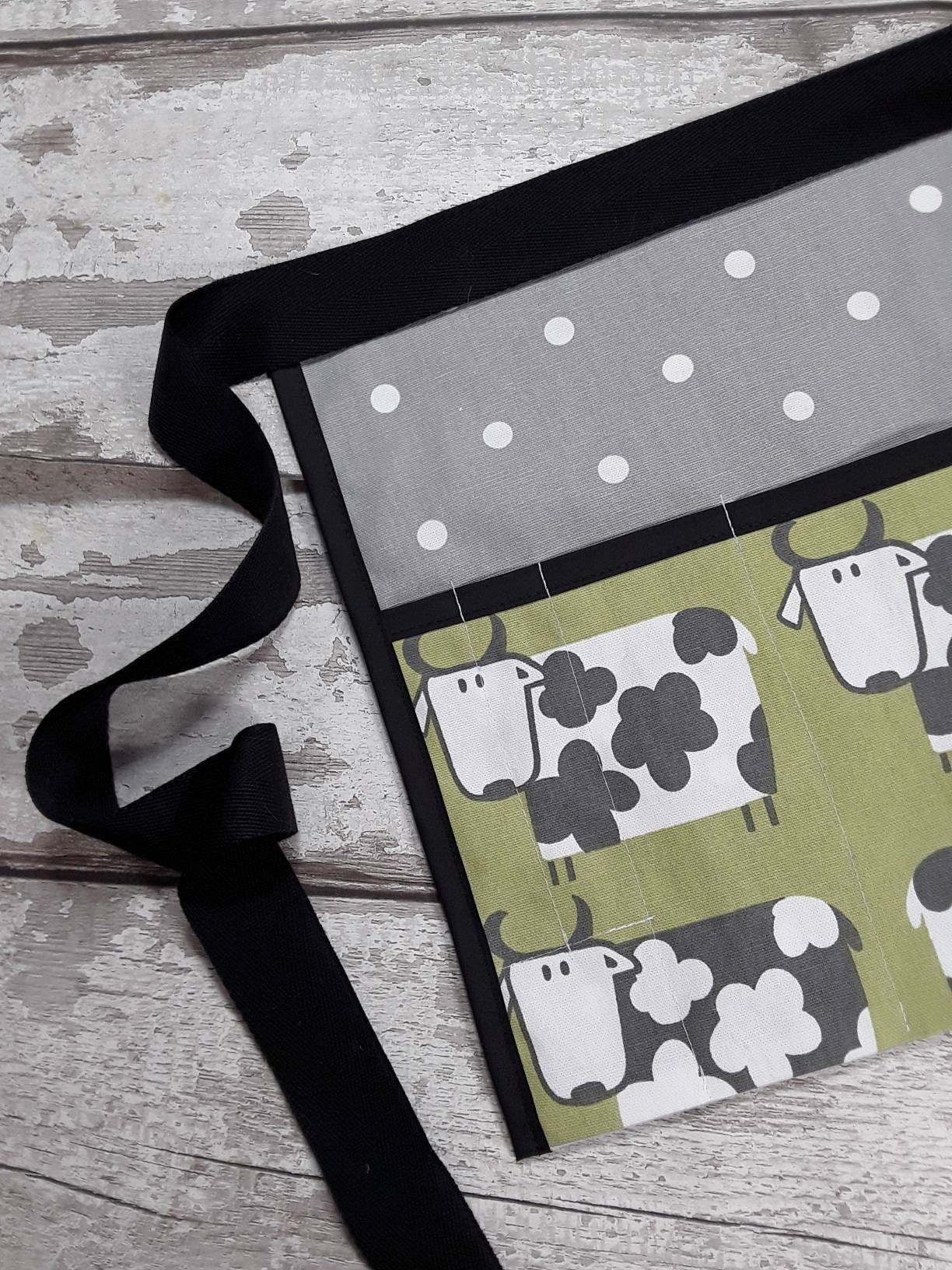 Teacher Apron COWS on lime green and Grey Polka Dot 5 or 3 pocket apron ...