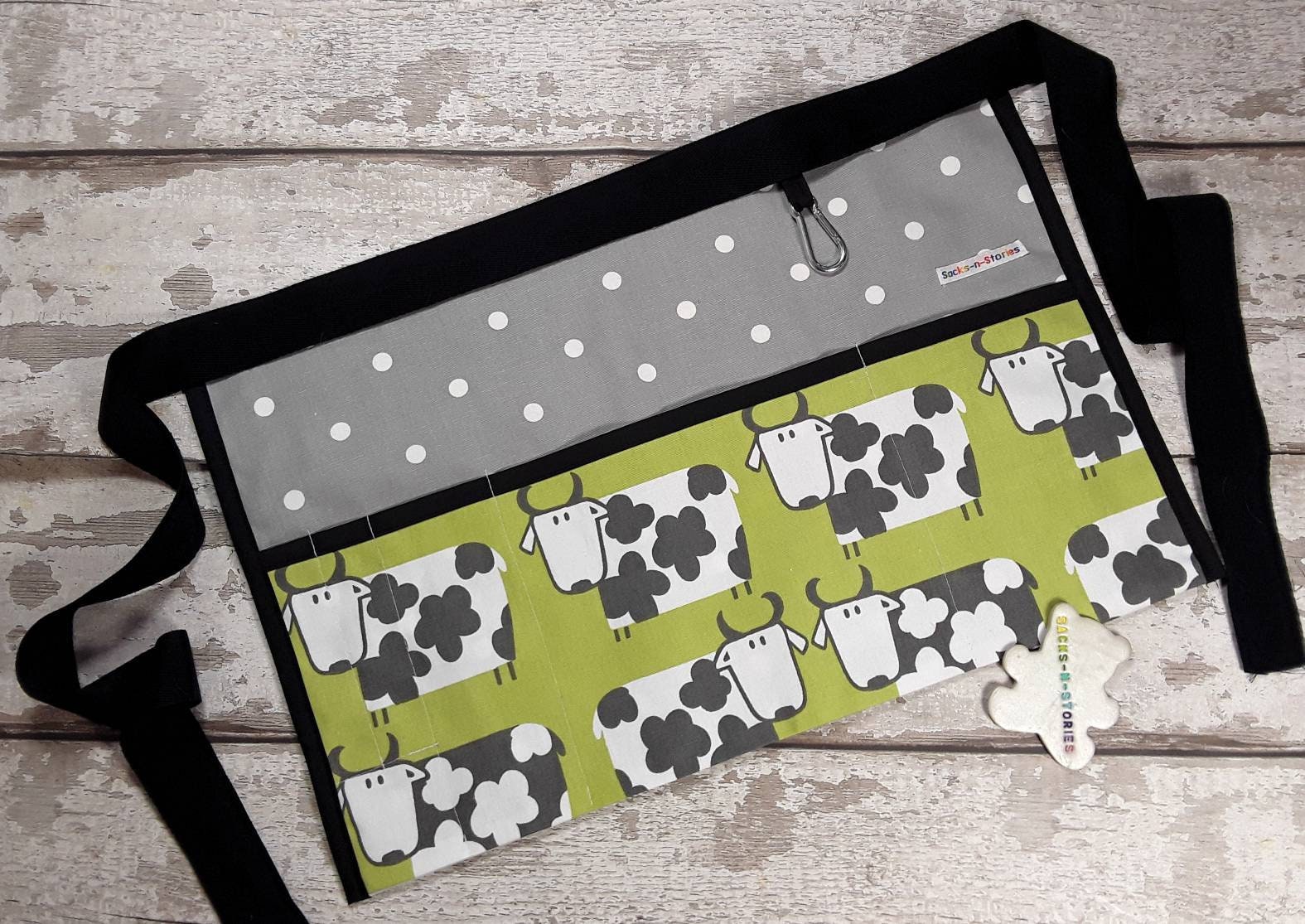 Teacher Apron COWS on lime green and Grey Polka Dot 5 or 3 pocket apron ...