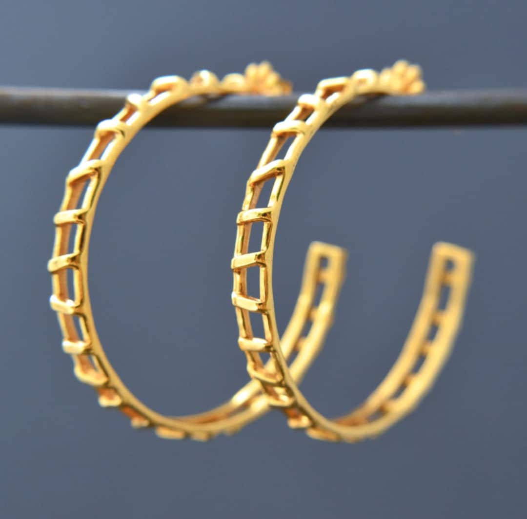Open Track Gold Hoop Earrings / Genuine 24k Gold Over Sterling Silver ...