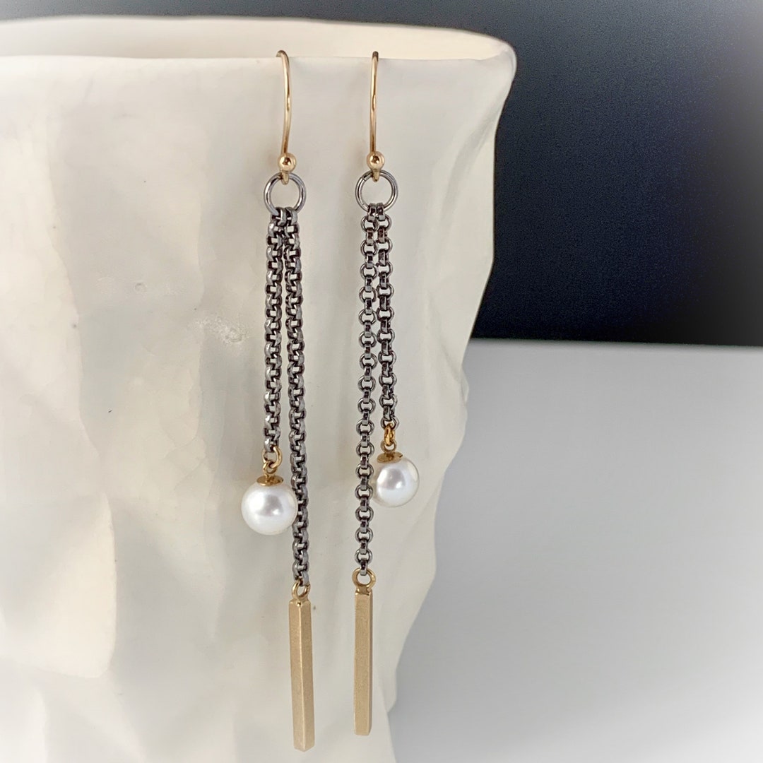 Pearl Drop Chain Earrings With Gold Vermeil Bar - Etsy