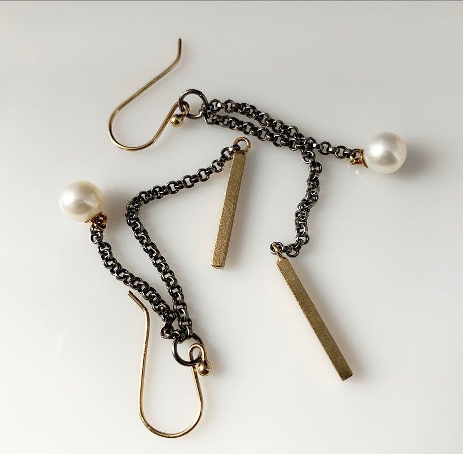 Pearl Drop Chain Earrings With Gold Vermeil Bar - Etsy