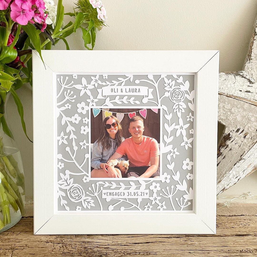 Personalised Wedding Photo Frame Papercut Framed Floral Engagement Gift ...