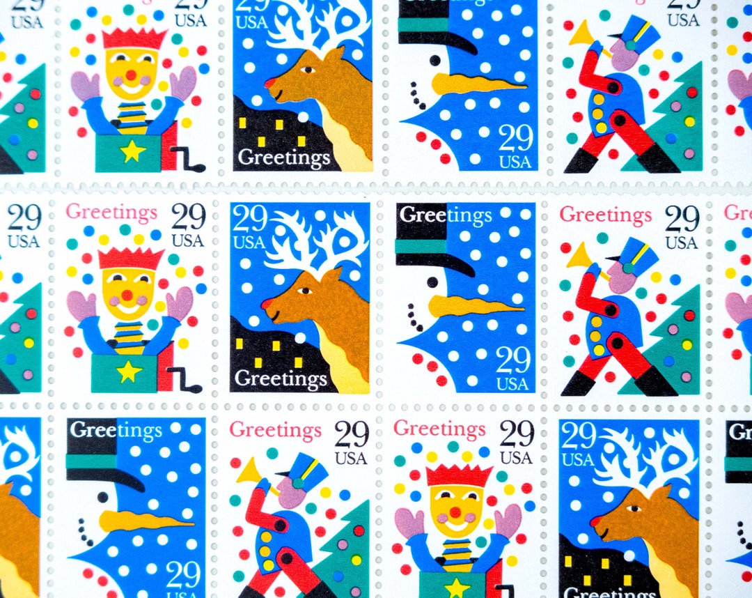 22 Cartoon Winter Stamps Featuring a Snowman, Reindeer, Marching Band ...