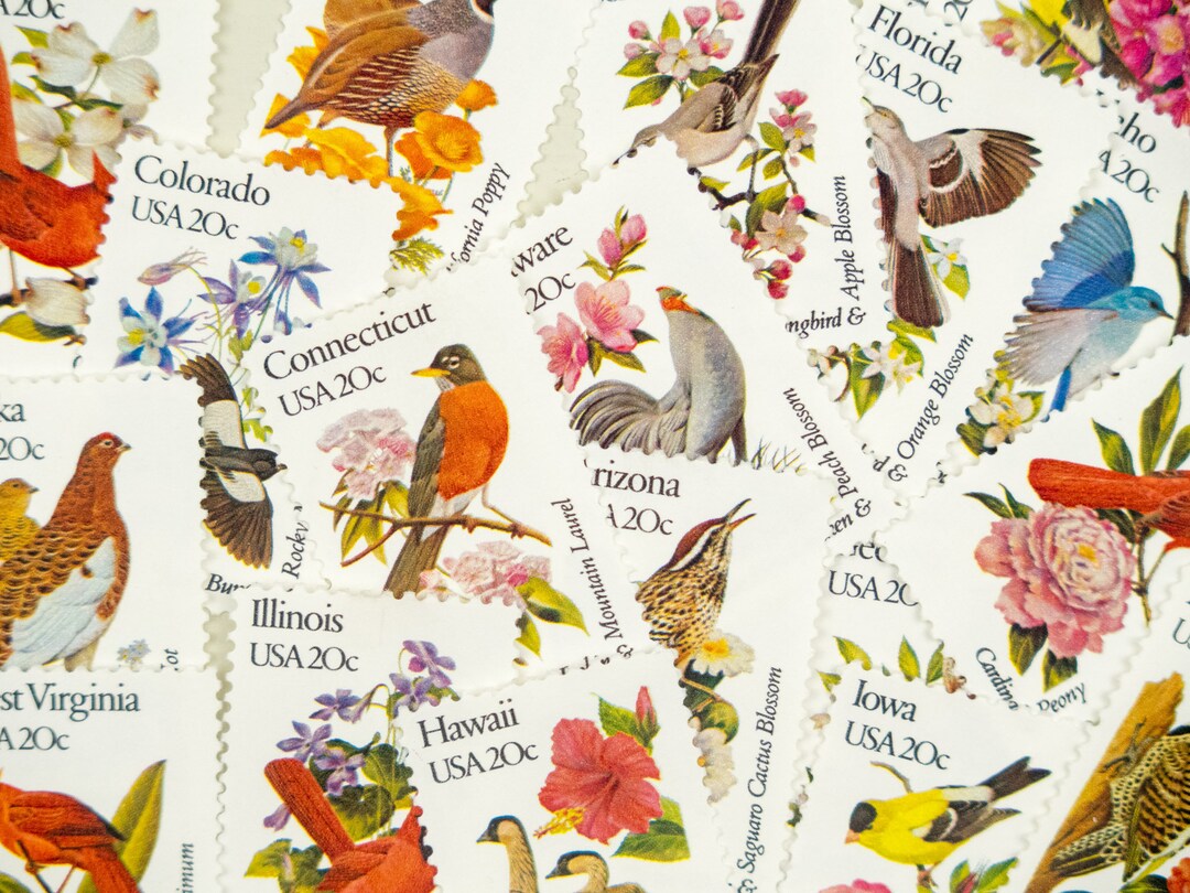 25 Vintage State Bird and Flower Stamps: Included Are Robin, Goldfinch ...