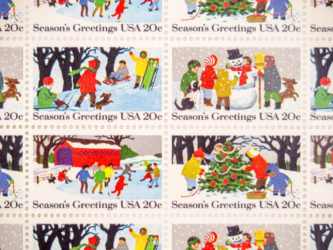 25 Winter Scene Stamps, Children Playing in Snow, Sledding Winter ...