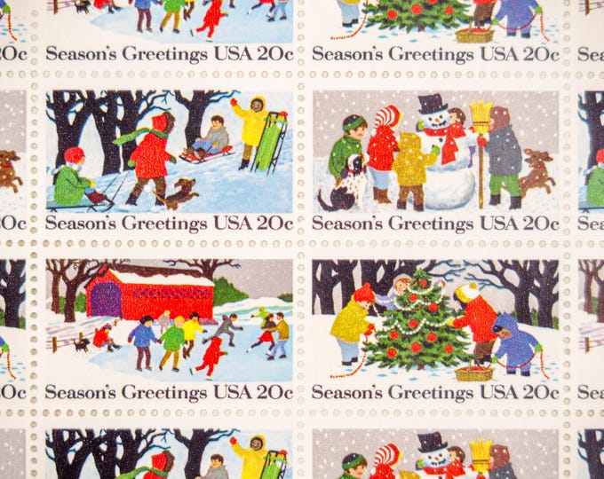 25 Vintage Seasons Greetings Stamps: Children Sledding and Building ...