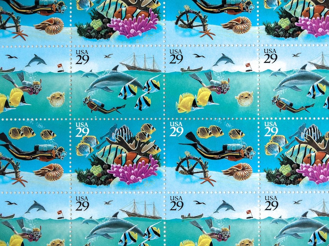 24 Ocean Stamps, Wonder of the Sea Stamp Collection, Coral, Fish, Diver ...
