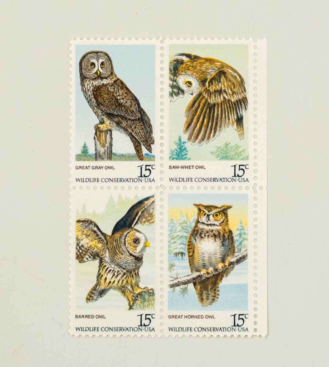 25 American Owl Stamps, 15 Cent Bird Stamps; Great Grey Owl, Saw-whet ...