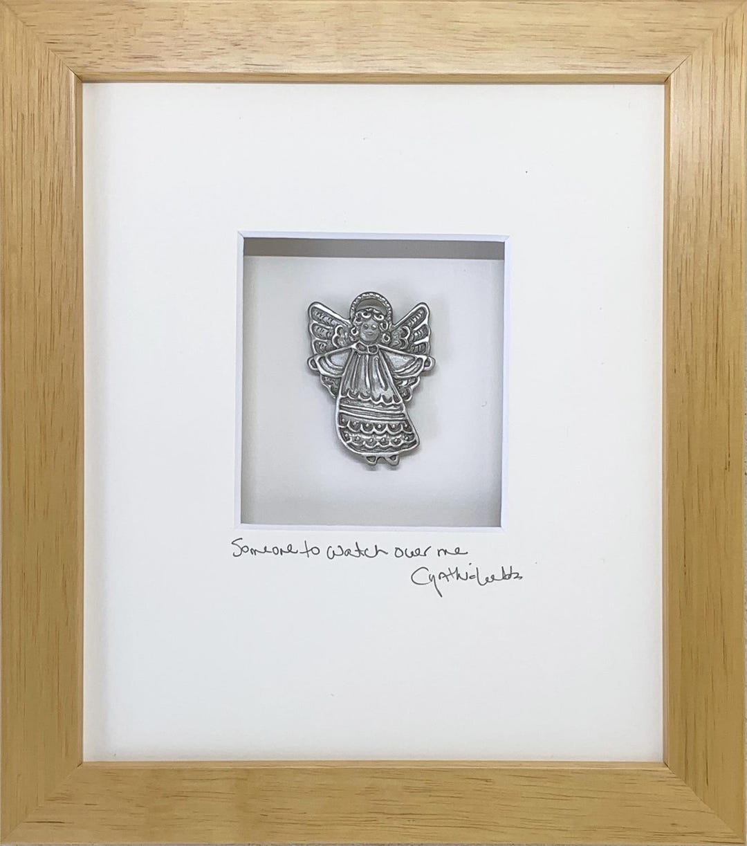 Guardian Angel, Pewter, Maple Frame 7” X 8” X 3/4", Signed Mat, Cynthia ...