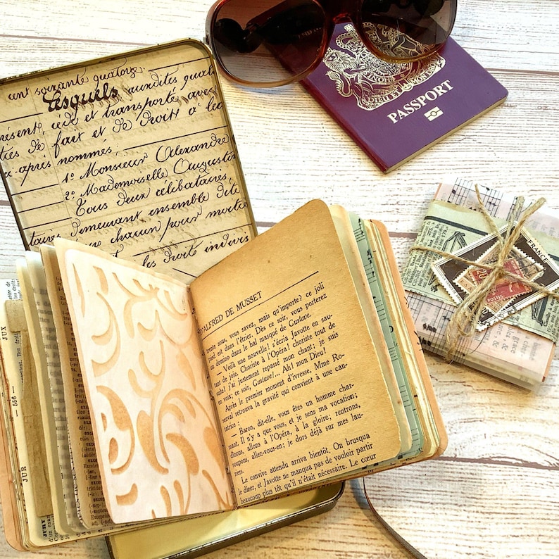 Junk Journal Kit in a Tin – Tiny Vintage French & Eco-dyed Paper ...