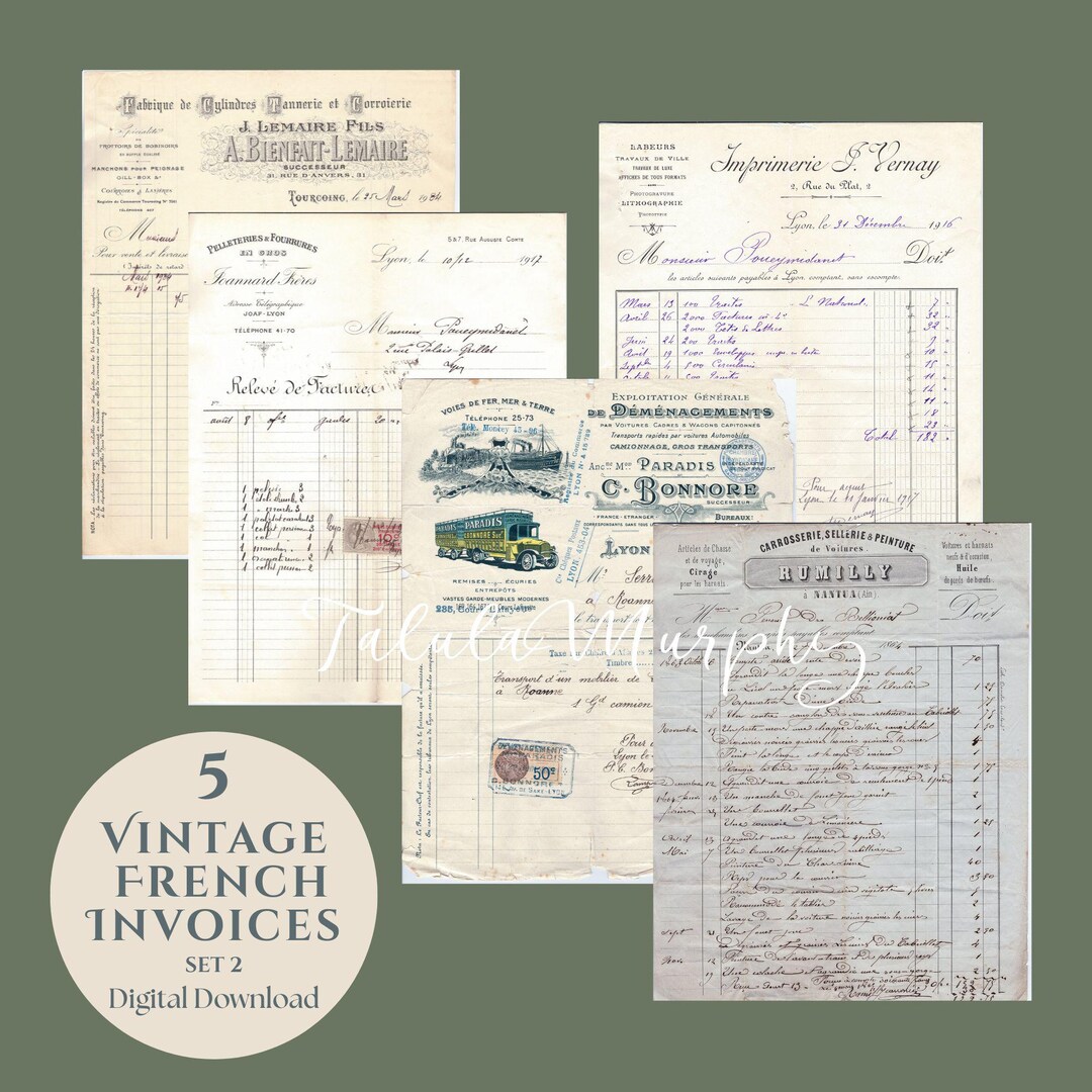Digital Download 5 Vintage French Invoices Set 2, Antique Ephemera With ...