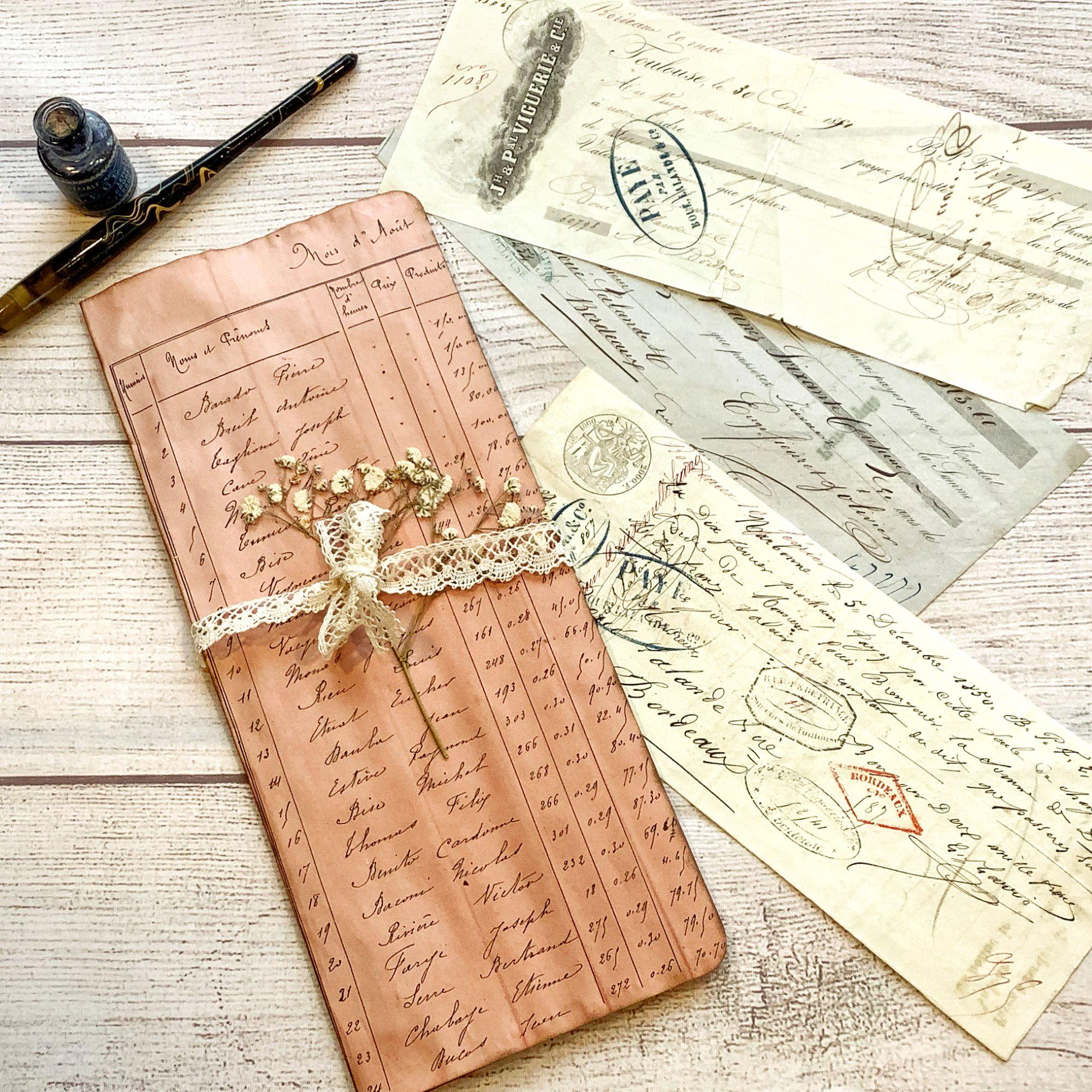 1850s French Handwritten Cheques in Handmade Eco-dyed Wallet, Beautiful ...