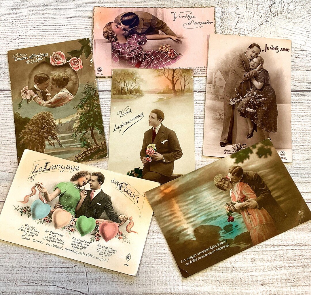 Vintage Romantic French Postcards Set of 6 Sepia and Colored Antique ...