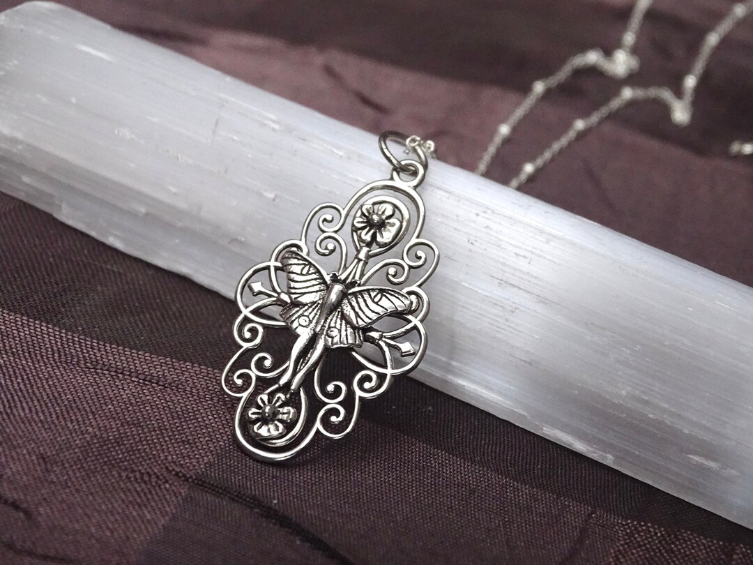 Sterling Silver Filigree Luna Moth Pendant, Adorned With Tiny Flowers ...