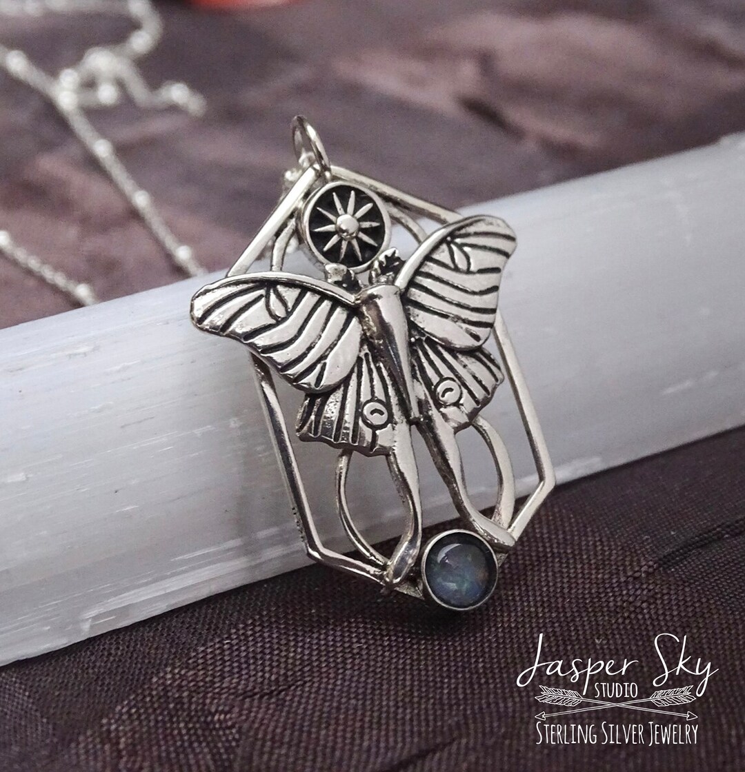 Luna Moth Necklace With Australian Opal and Sun Charm Pendant Sterling ...
