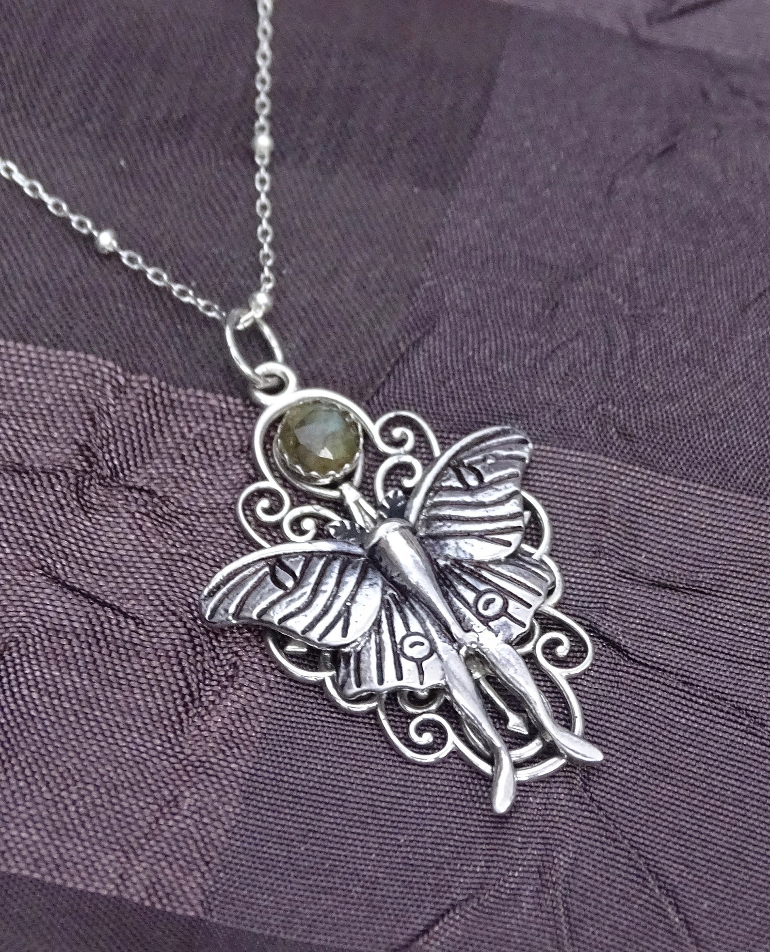 Moth Necklace Sterling Silver Luna Moth With Labradorite, Filigree ...