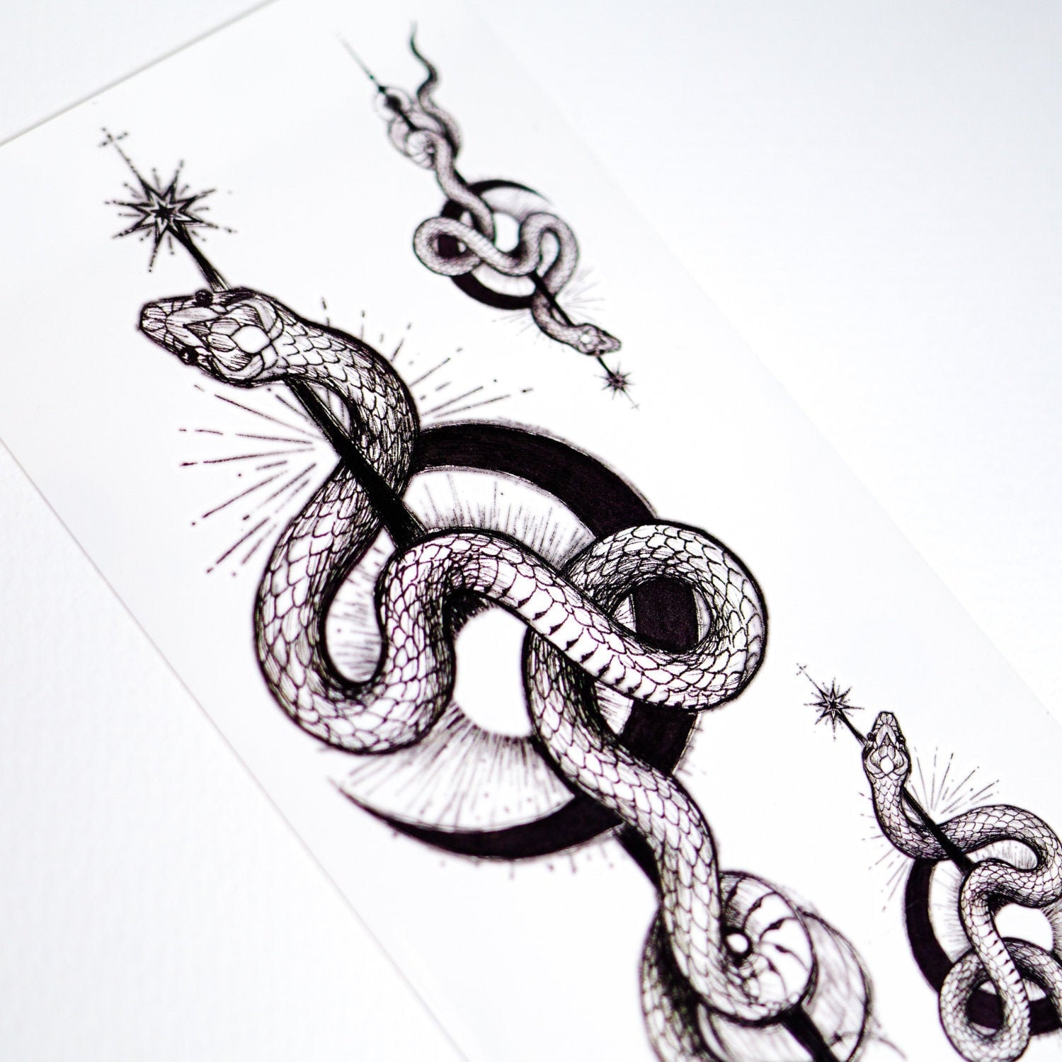 Blackwork Moon Snake Peony Temporary Tattoo Sticker Tattooist - Etsy ...