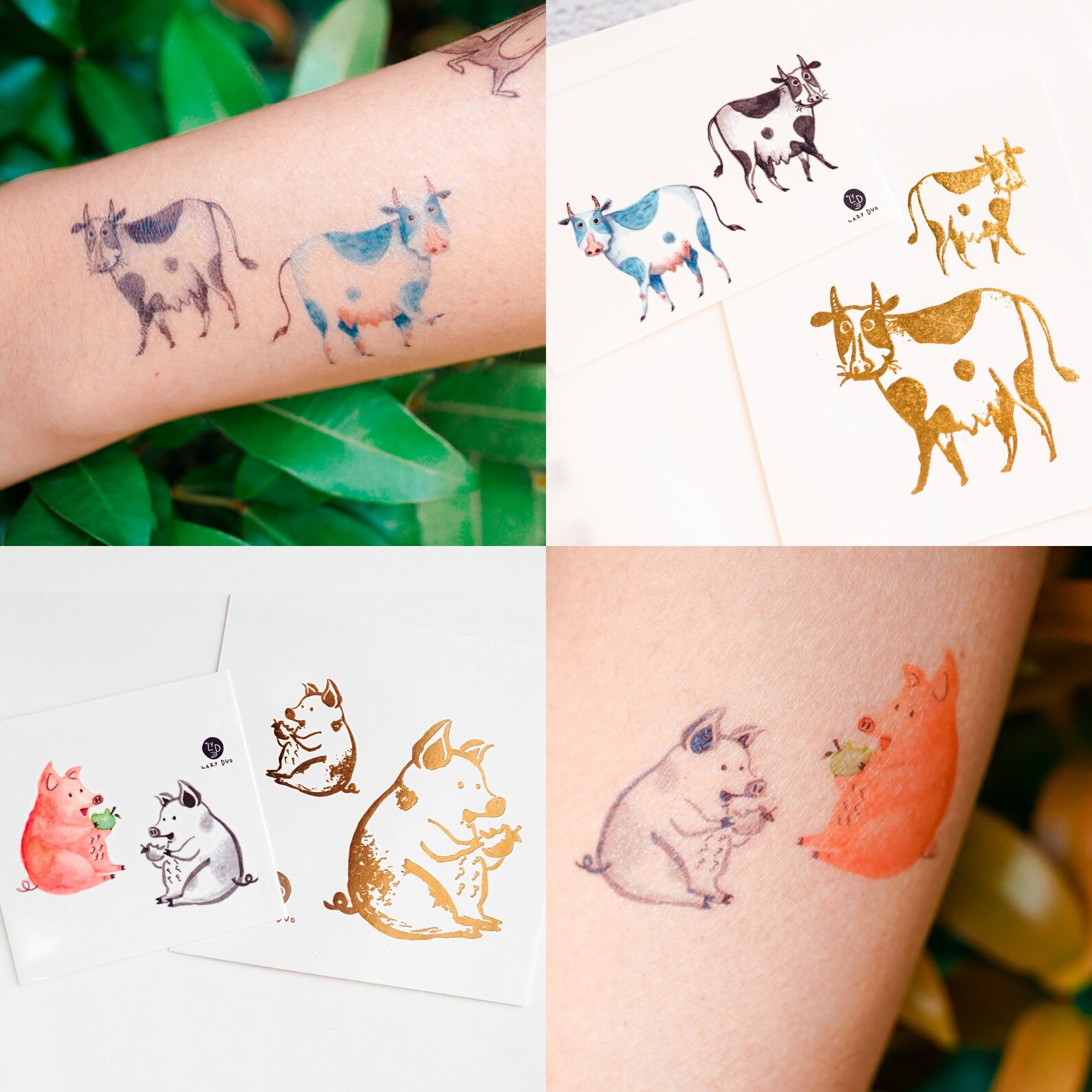 Animal Doodle Temporary tattoo Stickers Cute Fox tattoo Cow | Etsy